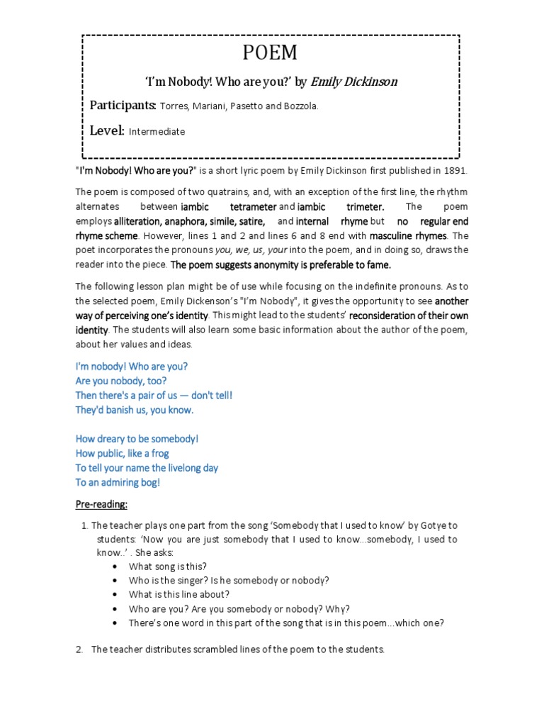 I'm Nobody! Who are you? | PDF | Emily Dickinson | Poetry