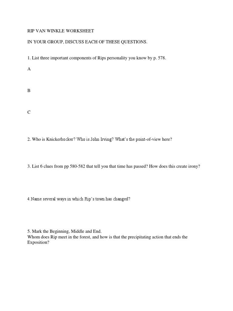 Rip Van Winkle Worksheet | PDF