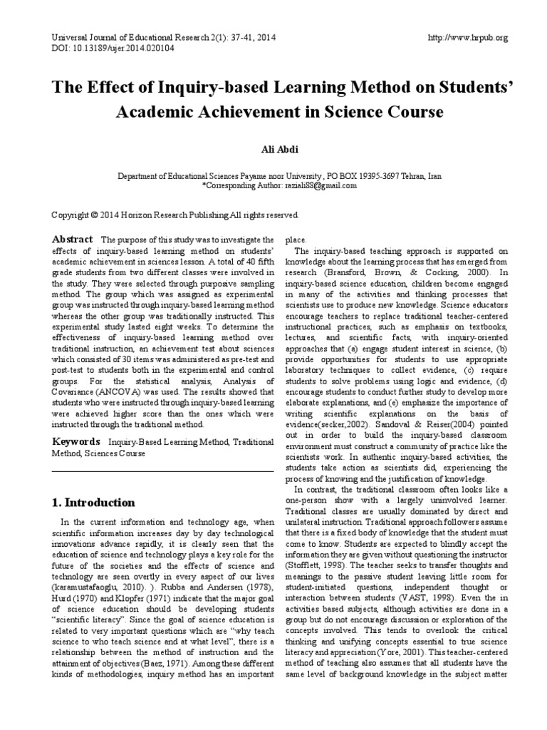 The Effect of Inquiry-Based Learning Method On Students' Academic Achievement in Science Course ...