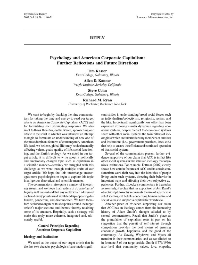 Reply: Tim Kasser Allen D. Kanner Steve Cohn Richard M. Ryan | PDF ...