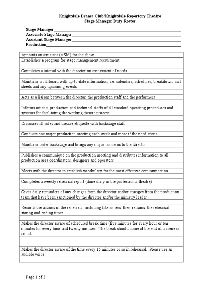 Stage Manager Duty Roster Overview | PDF | Entertainment | Leisure