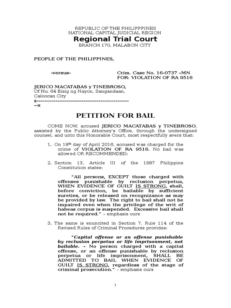 Petition For Bail | PDF | Bail | Crime & Violence