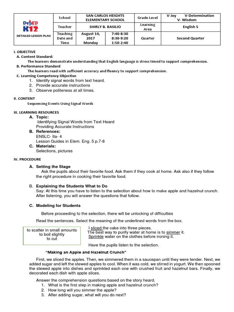 August 14 - Sequencig Using Signal Words | PDF | Lesson Plan | Reading ...
