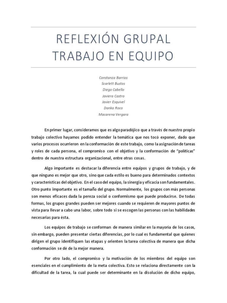 Reflexión Grupal Trabajo en Equipo | PDF | Toma de decisiones | Conceptos psicologicos