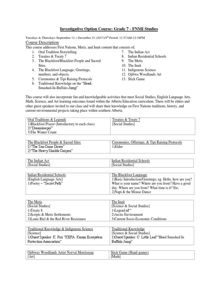 Unit Plan gr7 Fnmi Studies | PDF | Blackfoot Confederacy | First Nations