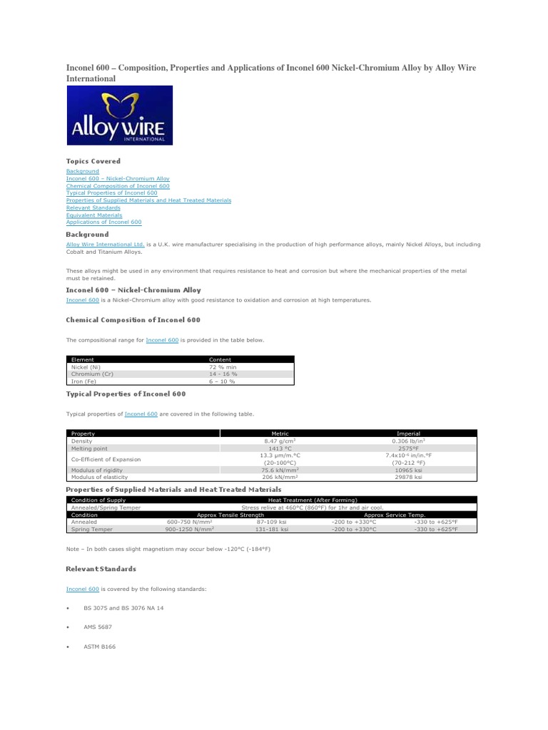 Inconel 600 - Composition, Properties and Applications of Inconel 600 ...