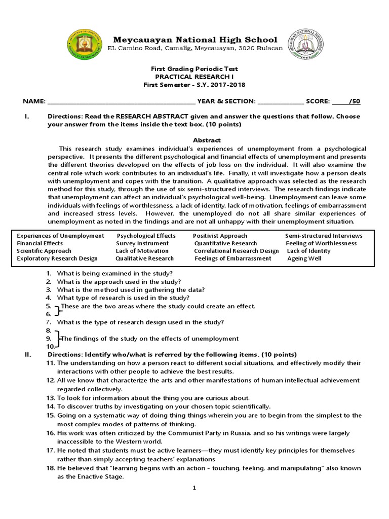 First Periodic Exam SHS - Practical Research 1 2017 | PDF | Inquiry ...