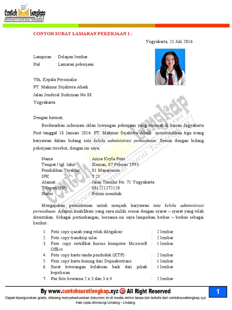 Contoh Surat Lamaran Kerja Lengkap | PDF
