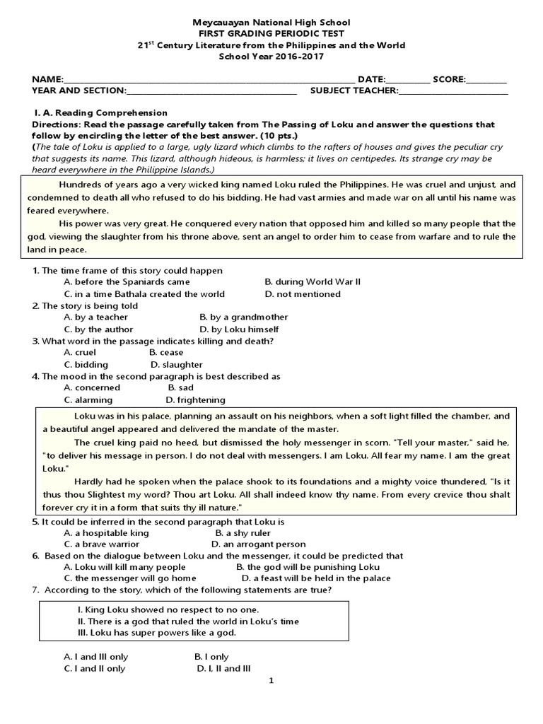 First Grading Periodic Test SHS 2016 | PDF | General Fiction
