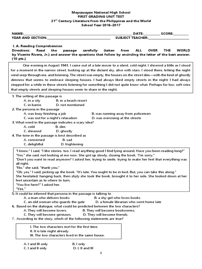 First Grading Unit Test SHS 2016 | PDF | Cognition | Psychological Concepts