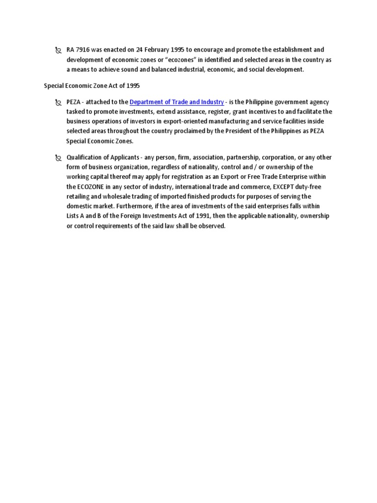 RA 7916 Was Enacted On 24 February 1995 To Encourage and Promote The ...