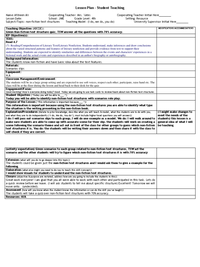 Lesson Plan - Student Teaching: Modifications/Accommodations | PDF ...