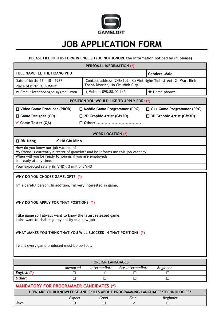 Gameloft Job Application Form | PDF | Software | Computing