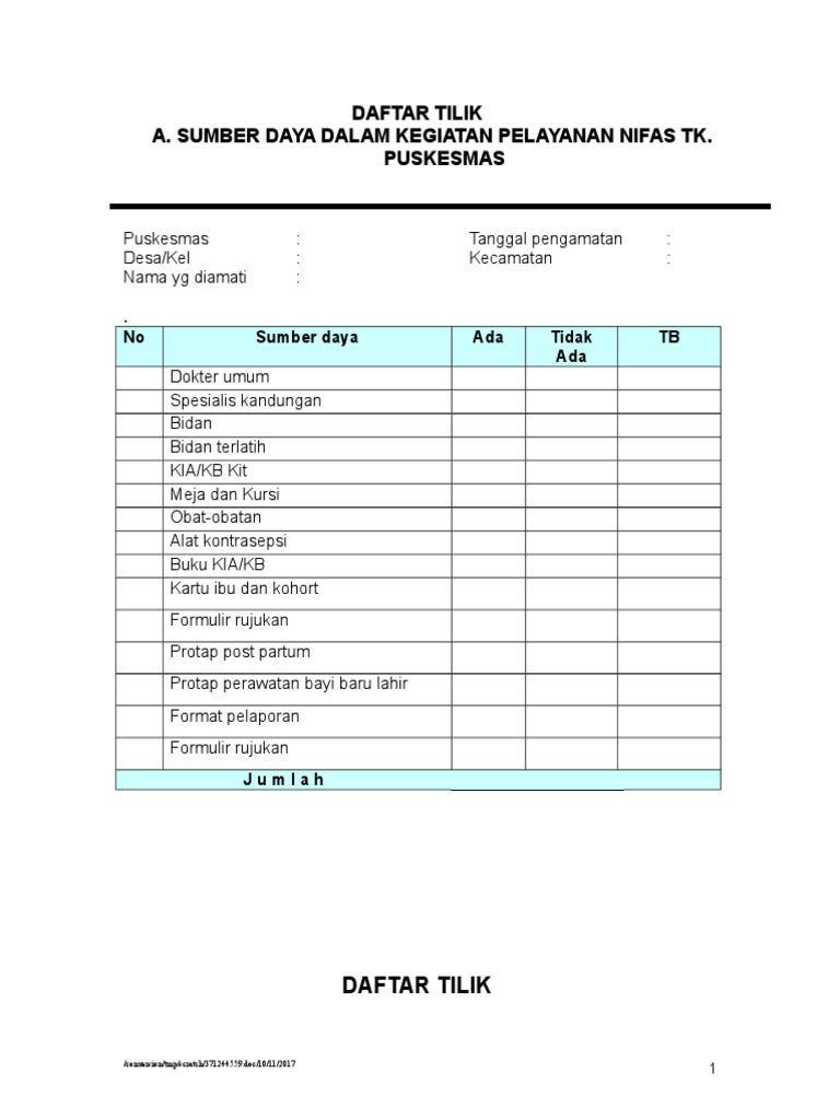 Daftar Tilik Pelayanan Nifas | PDF