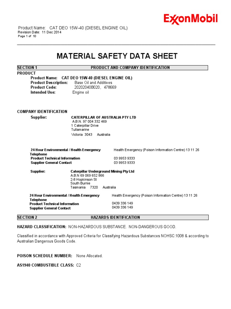 CAT DEO 15W-40 Safety Data Sheet | PDF | Toxicity | Firefighting