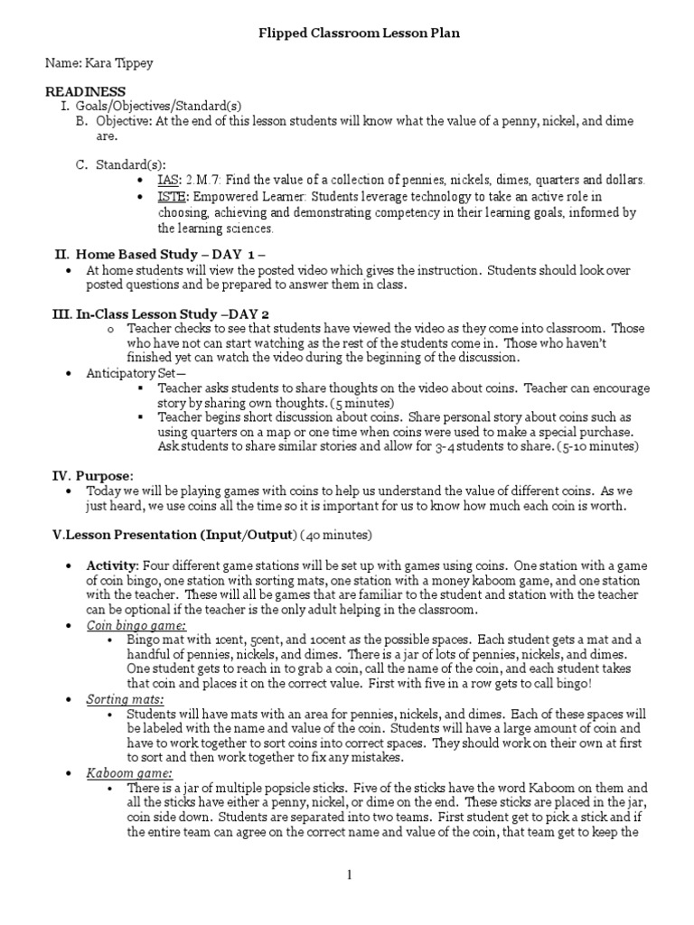 Edu 200 Flipped Classroom Lesson Plan Template | PDF | Lesson Plan | Coins