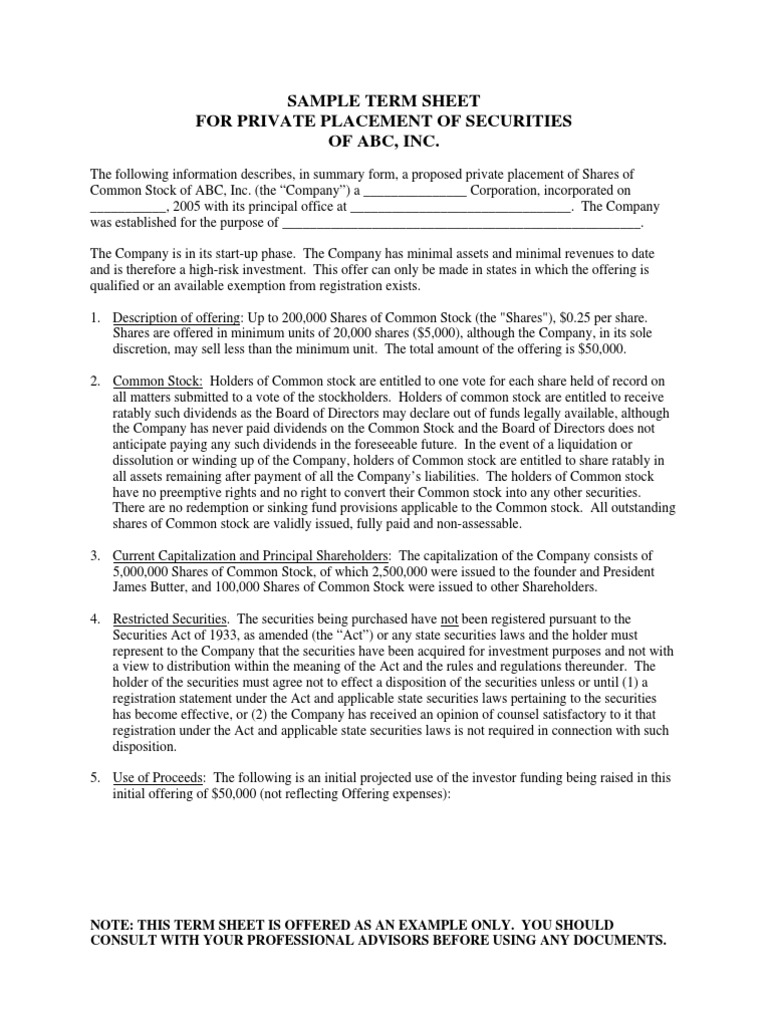 04 Sample Term Sheet | PDF | Securities (Finance) | Common Stock