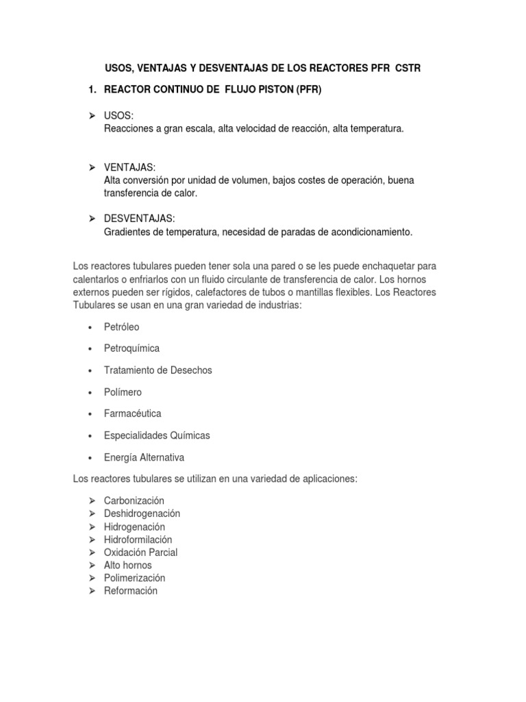 Usos Ventajas y Desventajas de Los Reactores PFR CSTR | PDF | Arrabio | Alto horno