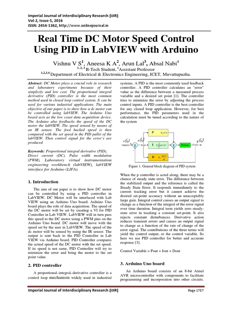 Real Time Dc Motor Speed Control Using Pid In Labview With Arduino Pdf Control Theory Arduino