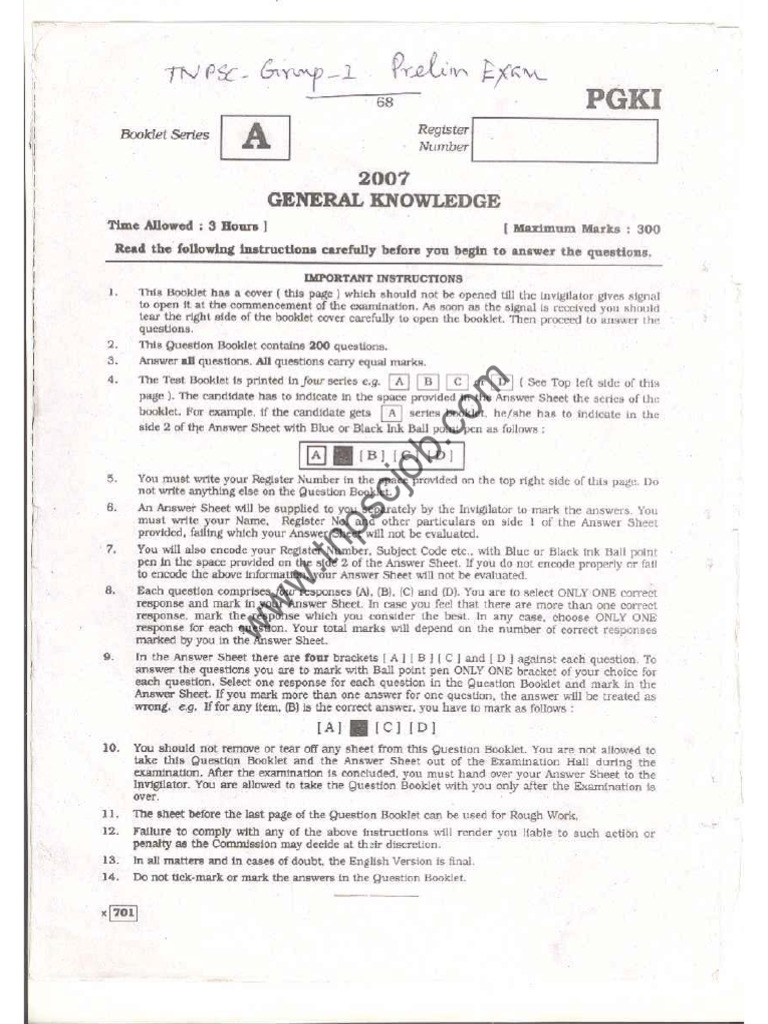 2007 TNPSC Group 1 Preliminary Question Paper | PDF | Chemical ...