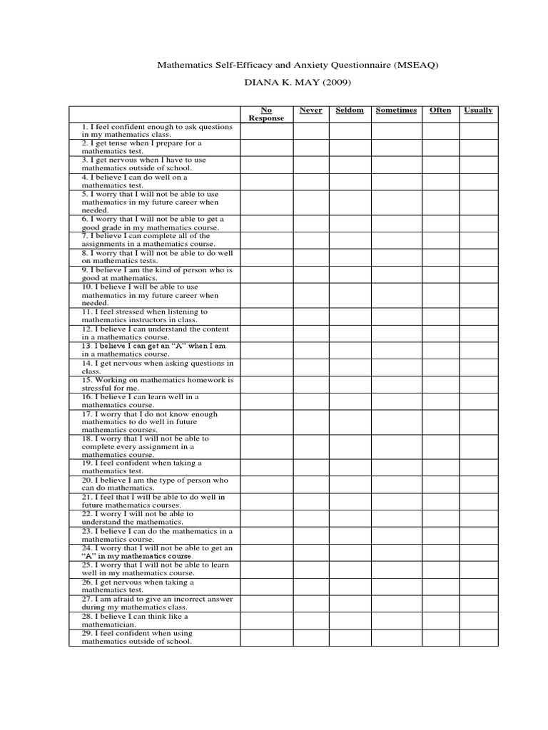 Mathematics Self-Efficacy and Anxiety Questionnaire (MSEAQ) DIANA K ...