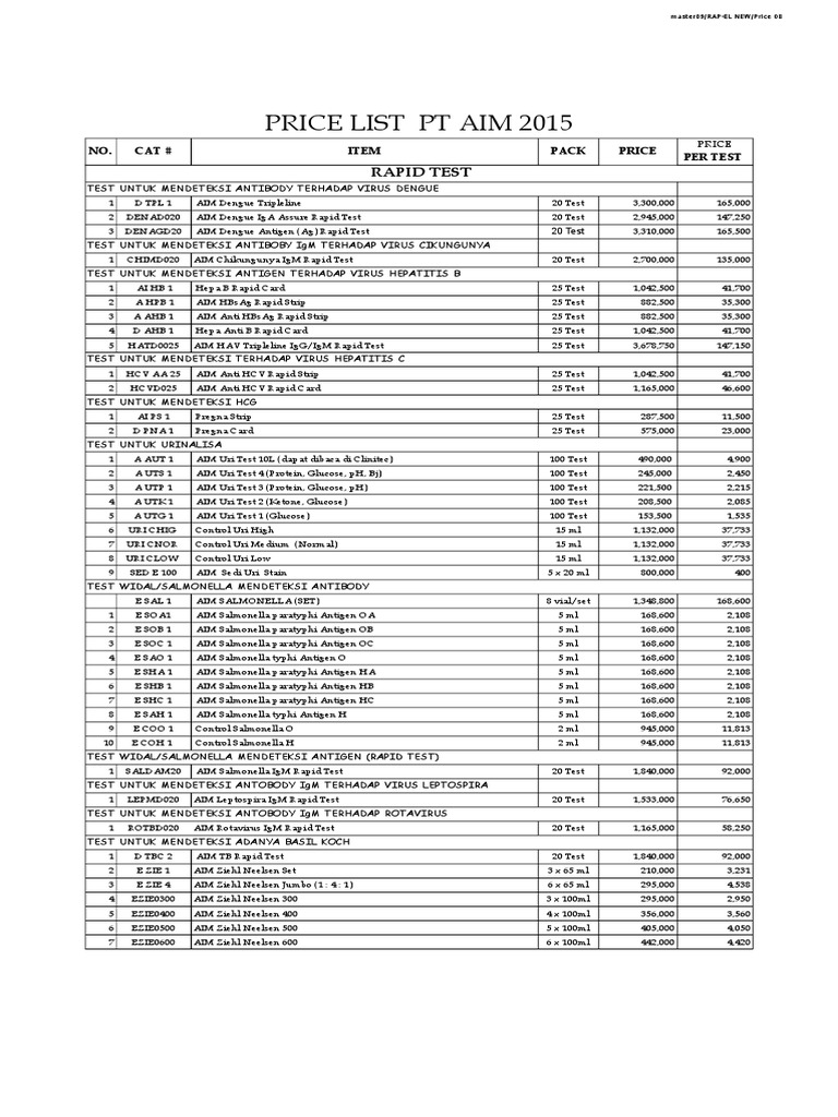 PRICE LIST FOR RAPID DIAGNOSTIC TESTS | PDF