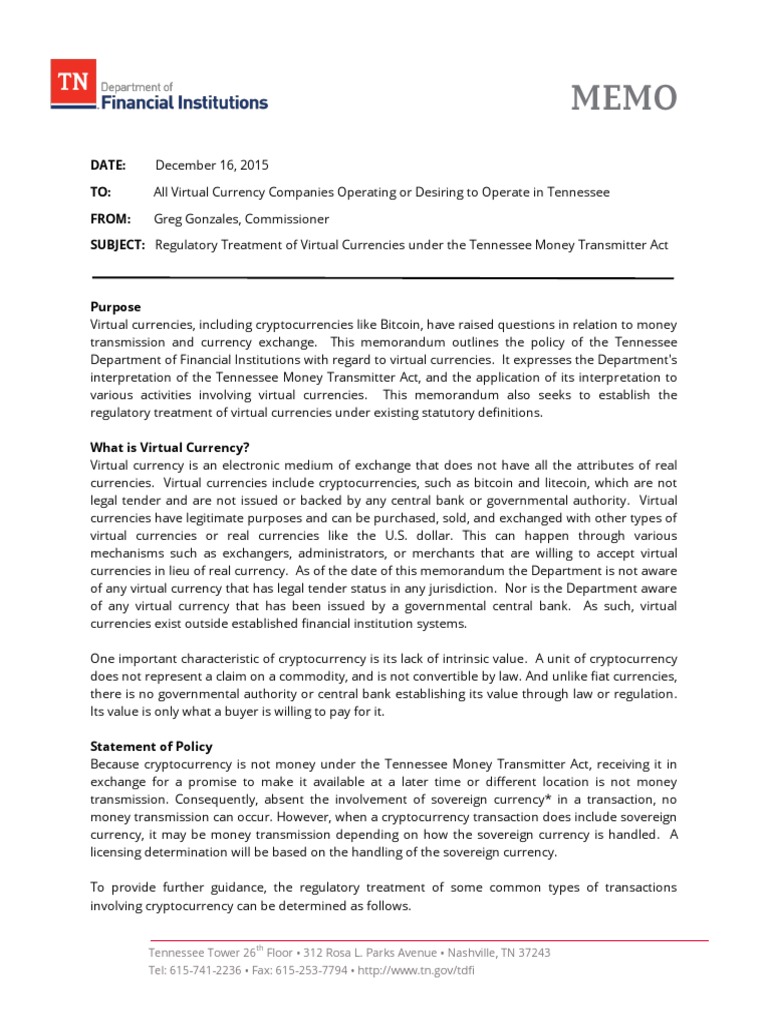 TN-2015!12!16 TDFI Memo on Virtual Currency | Cryptocurrency | Currency ...