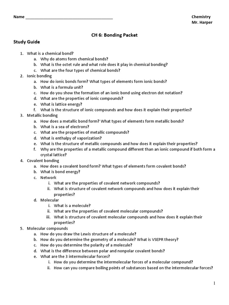 CH 6: Bonding Packet Study Guide: Name - Chemistry Mr. Harper | PDF ...