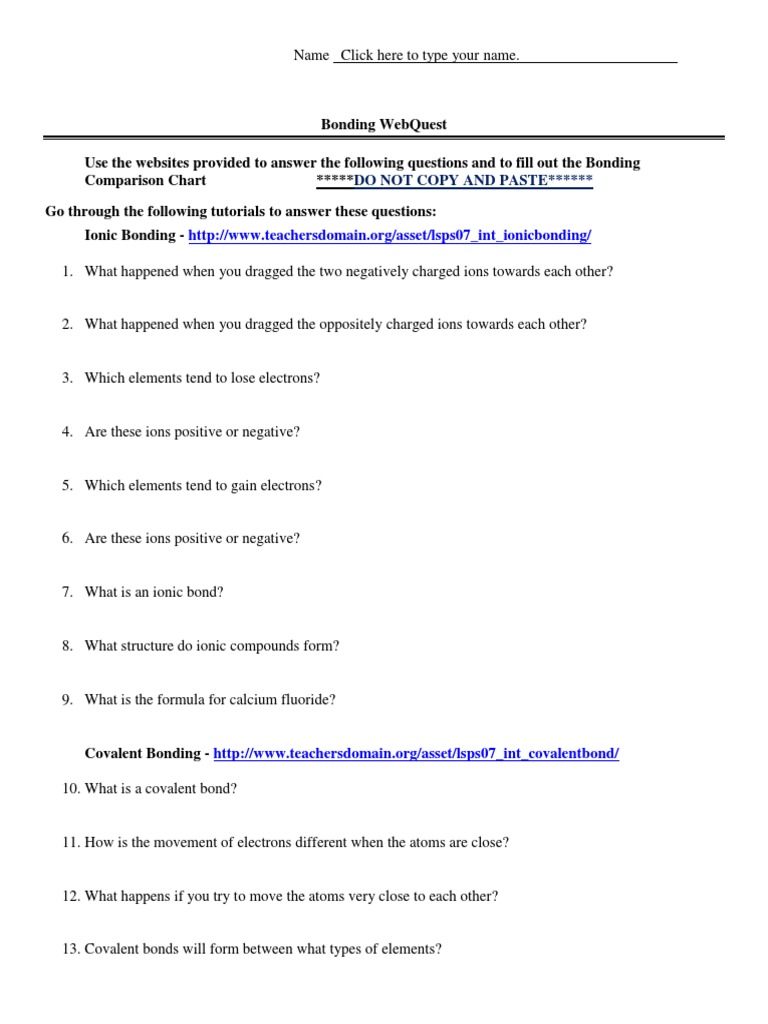 Chemical Bonding Webquest | Download Free PDF | Ionic Bonding ...