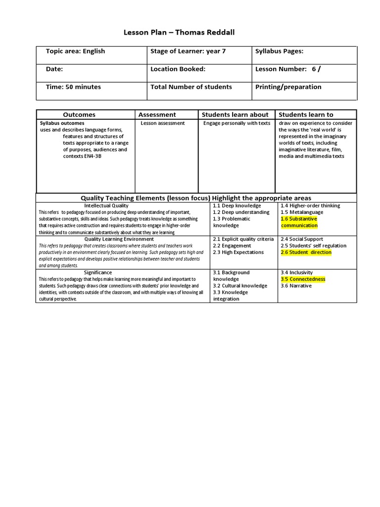 Lesson Plan - Thomas Reddall: Syllabus Outcomes | PDF | Lesson Plan ...