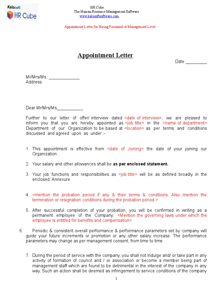 Appointment Letter: Appointment Letter for Hiring Personnel at ...