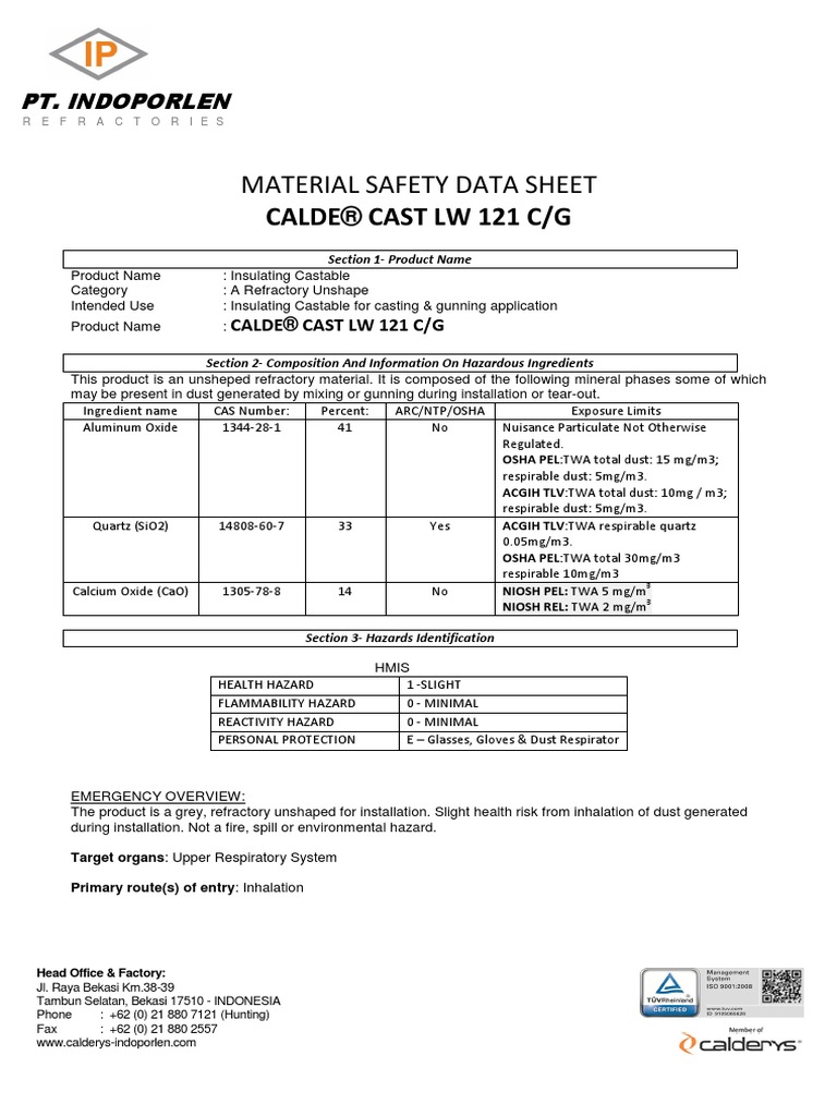 Msds Calde Cast Lw 121 Cg | Personal Protective Equipment | Dangerous Goods