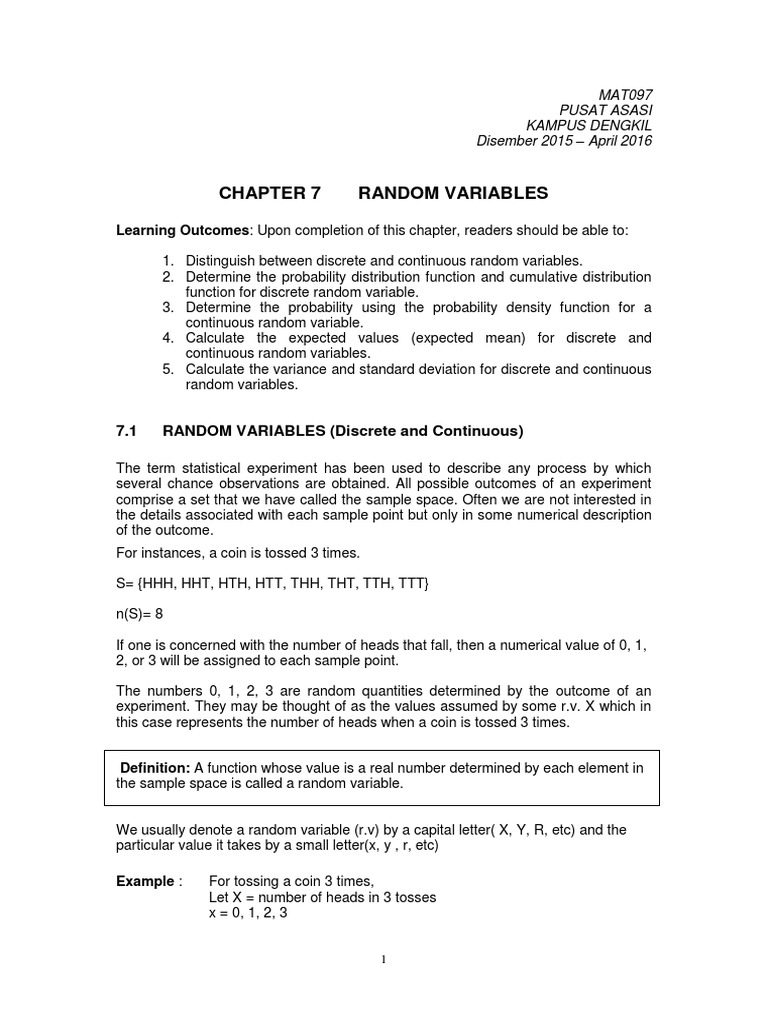 MAT097 Chapter 7 Random Variables (With Solution) | PDF | Variance | Measure Theory