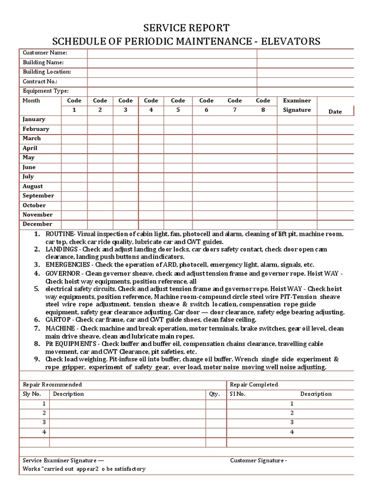 Service Report Schedule of Periodic Maintenance - Elevators | PDF ...