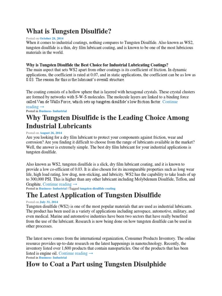 Tungsten Disulfide: Properties & Applications | PDF | Lubricant | Friction