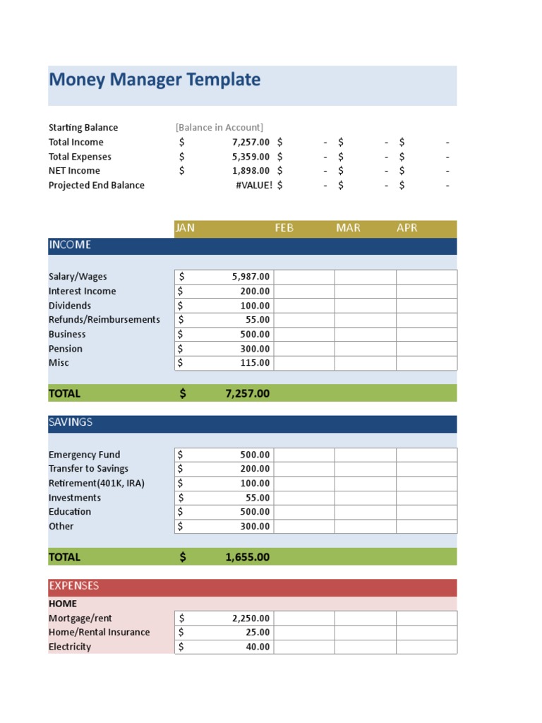 Money Manager Template: JAN FEB MAR APR Income | Cheque | Financial ...