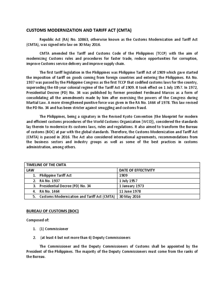 Customs Modernization and Tariff Act (Cmta) : Bureau of Customs (Boc ...