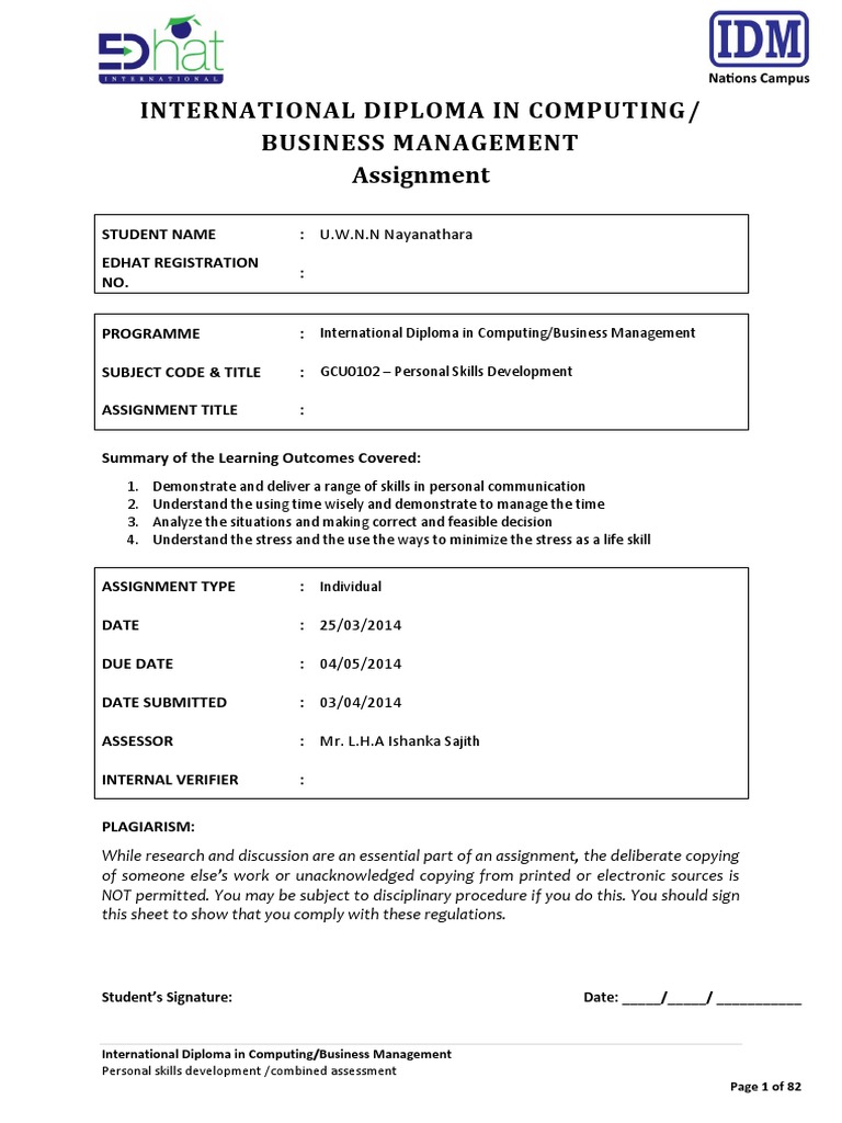 IDM International Diploma in ICT COMPUTING Combined Assesment: Personal ...