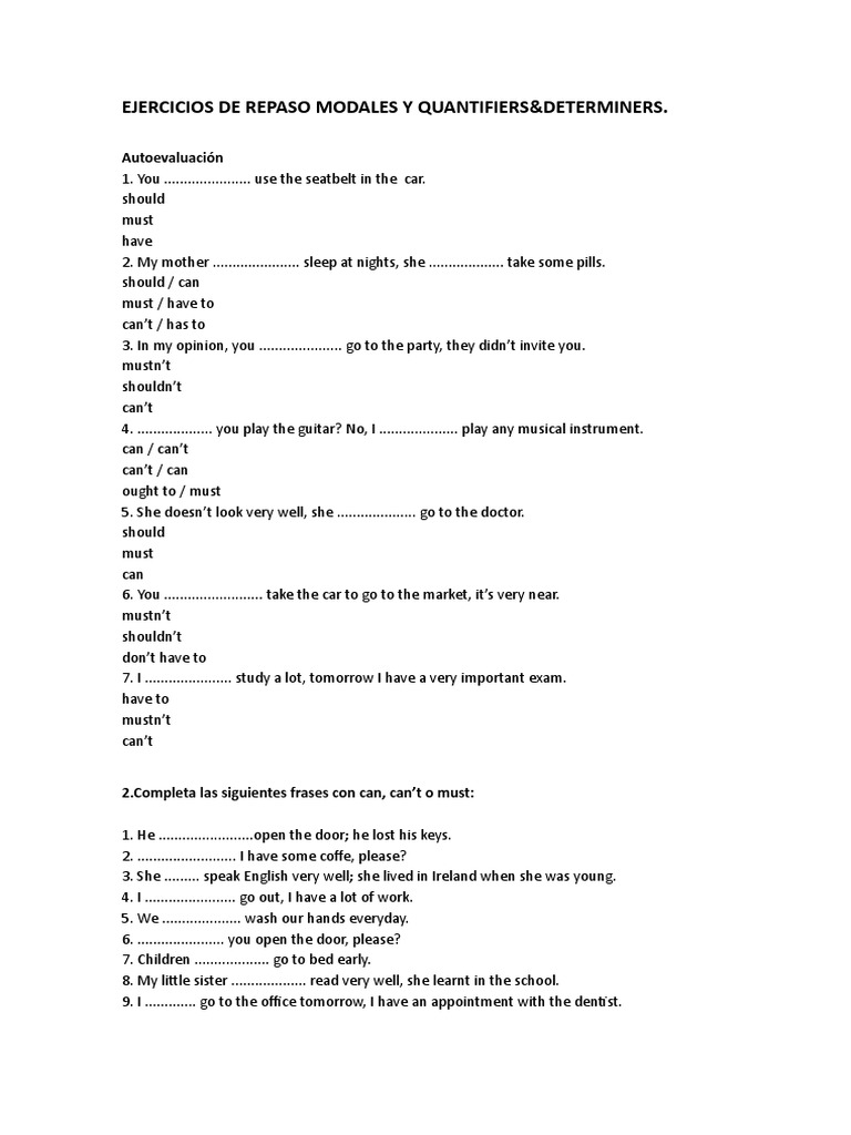 Ejercicios de Repaso Modales y Quantifiers | PDF | Home & Garden | Self ...