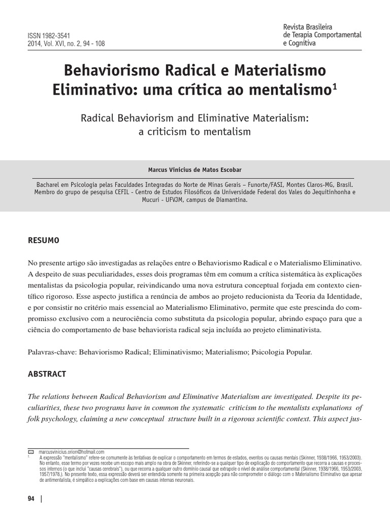 Behaviorismo Radical e Materialismo | PDF | Behaviorismo | Psicologia