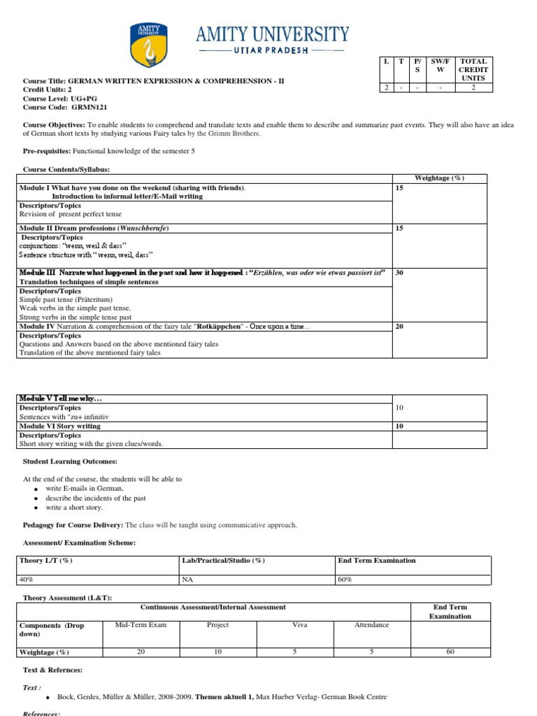 Course Outline for German Written Expression and Comprehension II ...
