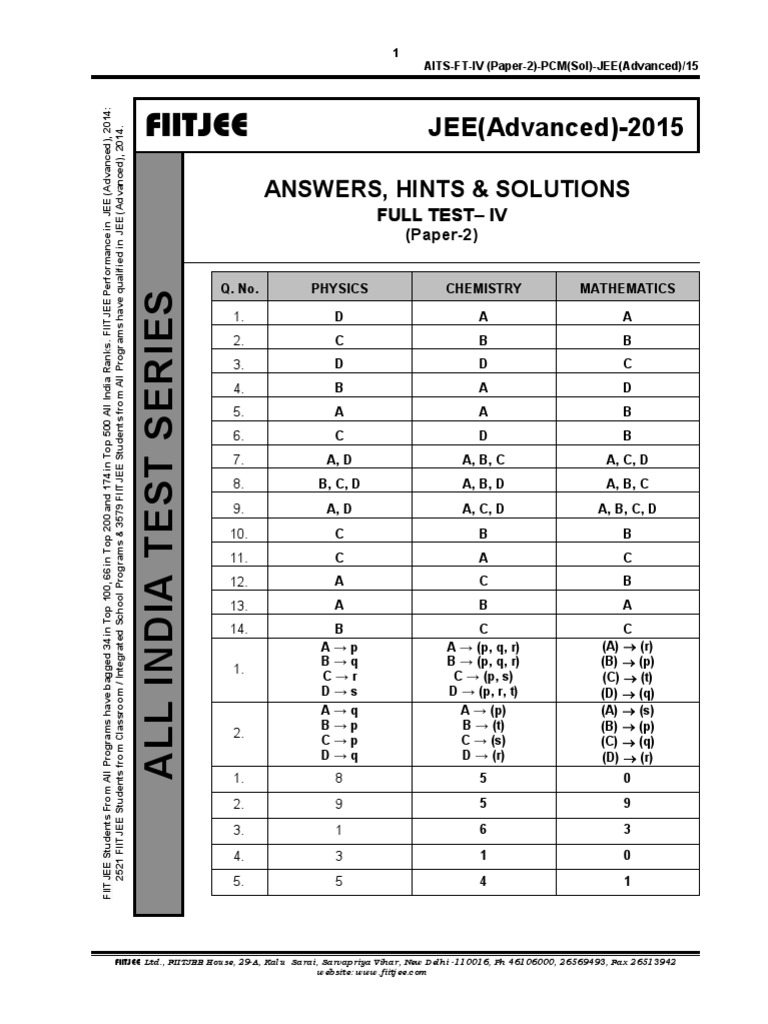 Fiitjee: Answers, Hints & Solutions | PDF | Force | Acceleration