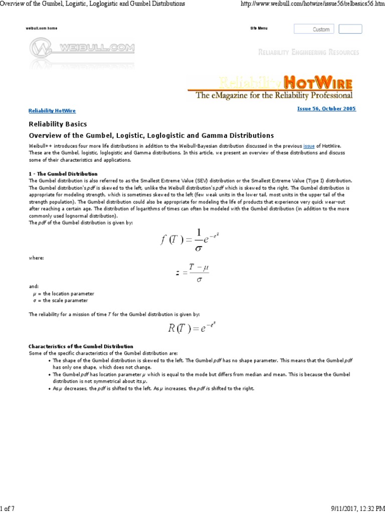 Reliability Basics Overview of The Gumbel, Logistic, Loglogistic and Gamma Distributions | PDF ...