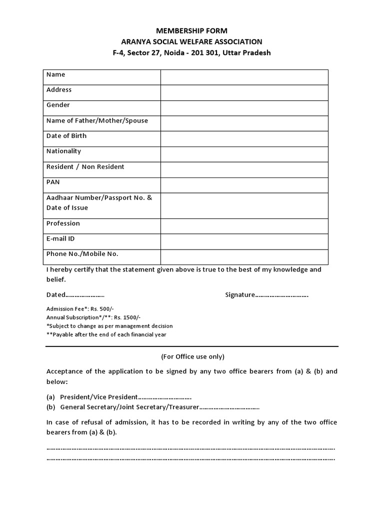 Aranya Social Welfare Membership Form | PDF