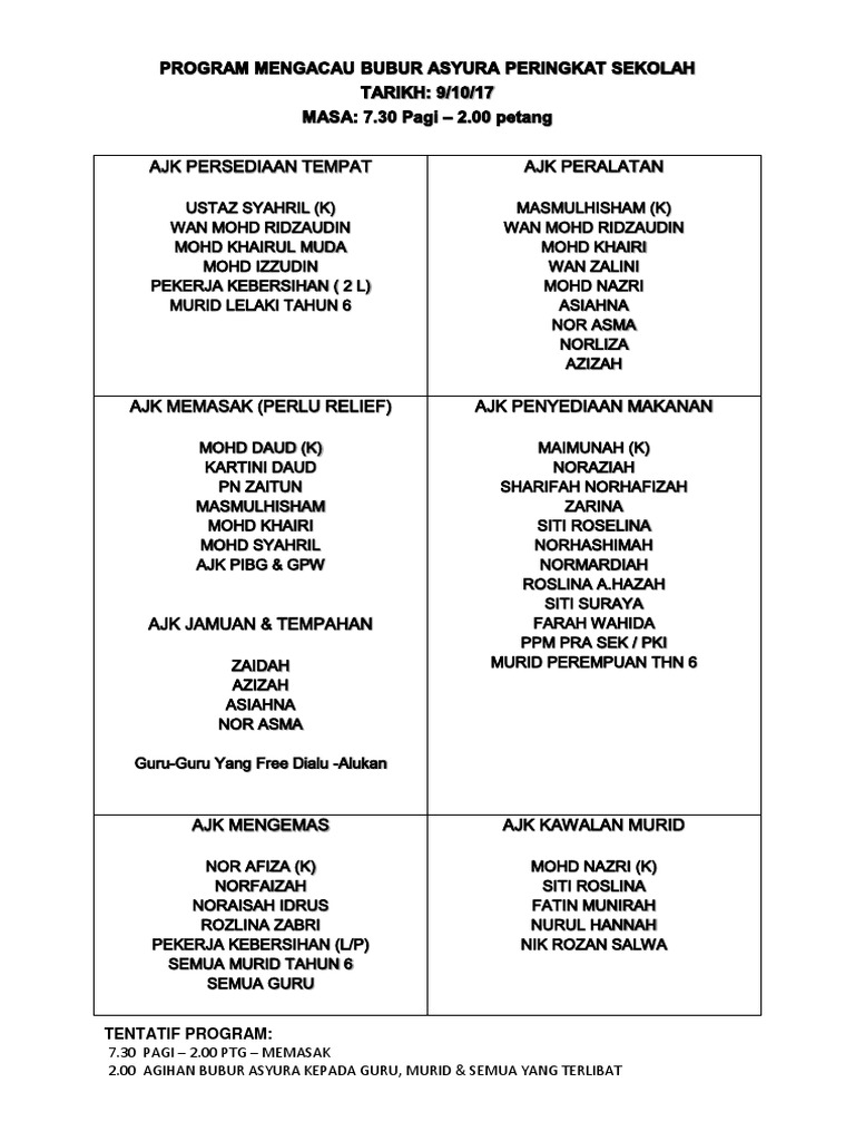 Ajk Program Mengacau Bubur Asyura Peringkat Sekolah | PDF