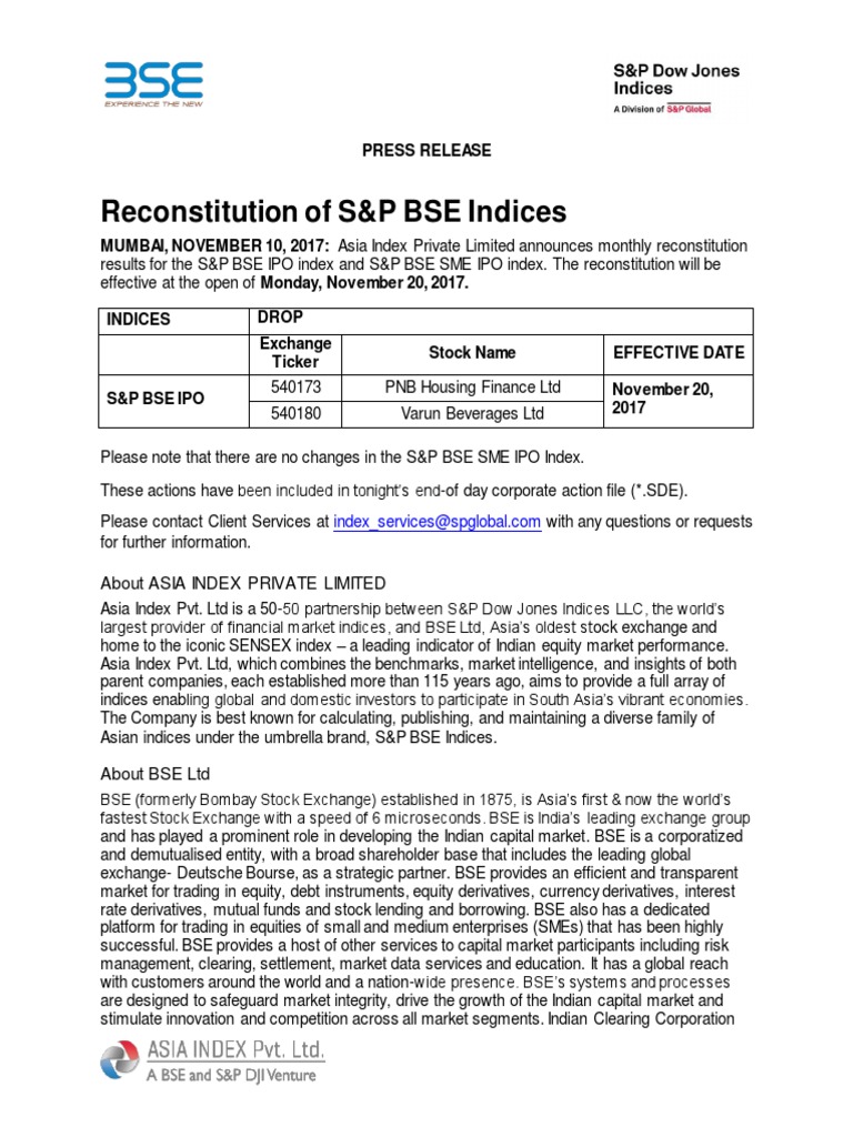 Reconstitution of S&P BSE Indices: Press Release | PDF | Financial Markets | Stock Market Index