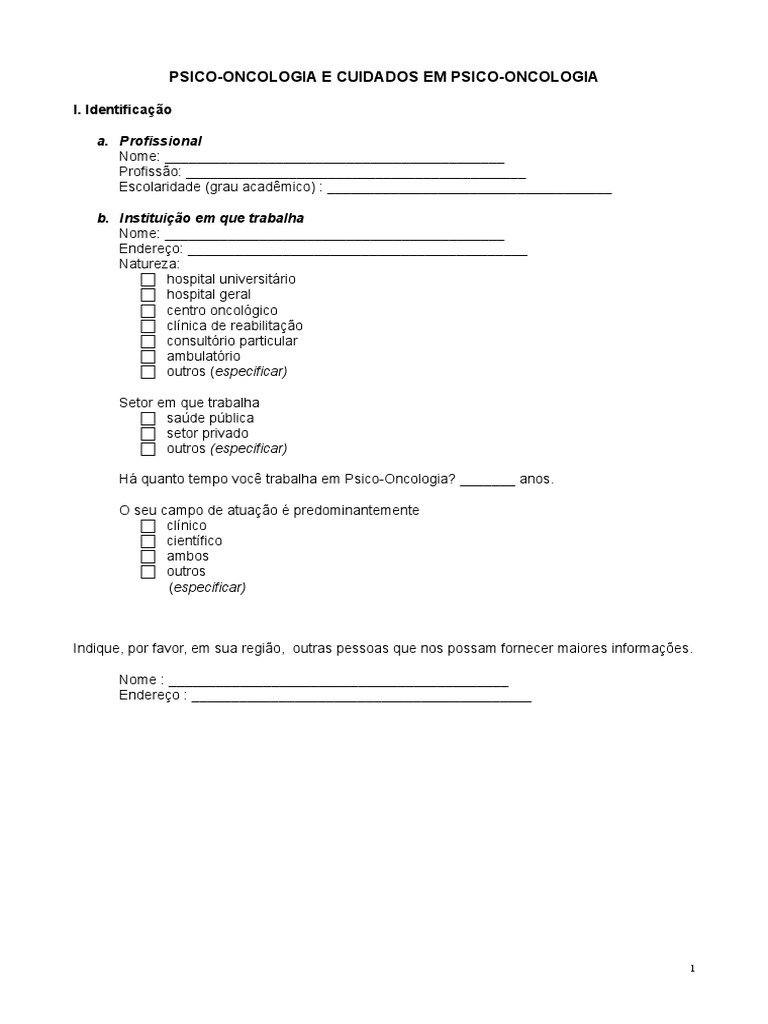 Questionário Psico-Oncologia | PDF | Psiquiatria | Hospital