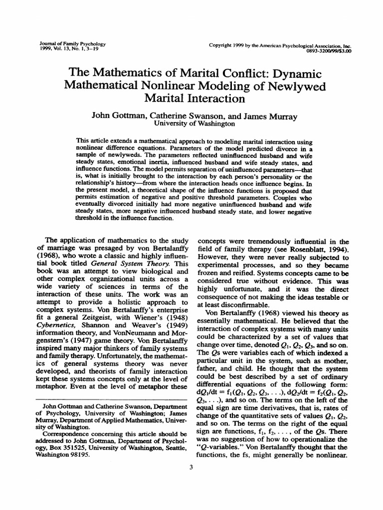 The Mathematics of Marital Conflict Dynamic Mathematical Nonlinear Modeling of Newlywed Marital ...
