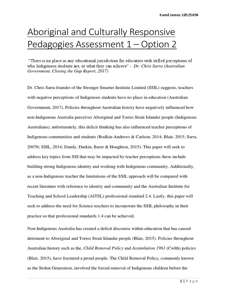 Aboriginal and Culturally Responsive Pedagogies Assessment 1 - Option 2 ...