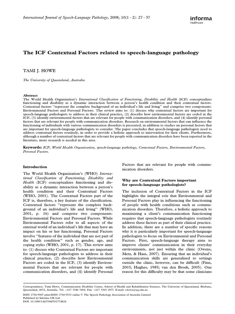 The ICF Contextual Factors Related To Speech-Language Pathology | PDF ...